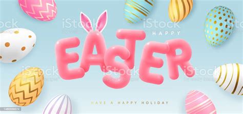 화려한 부활절 달걀과 3d 텍스트가 있는 행복한 부활절 타이포그래피 배경 인사말 카드 또는 포스터 벡터 그림 3월에 대한 스톡 벡터 아트 및 기타 이미지 Istock