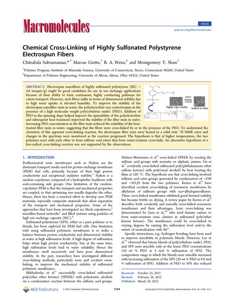 Pdf Chemical Cross Linking Of Highly Sulfonated Polystyrene Electrospun Fibers