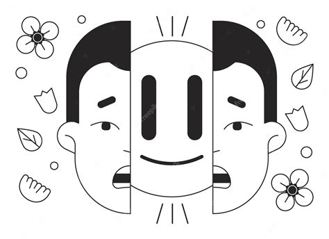 내성적 숨기기 감정 Bw 개념 벡터 자리 그림 수줍은 남자 분할 얼굴 2d 만화 플랫 라인 단색 문자 웹 Ui 디자인 이모티콘