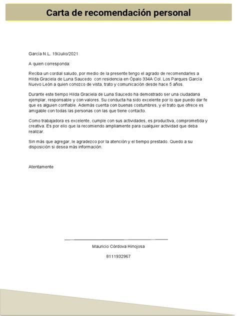 Modelo De Carta De Recomendación Personal Pdf