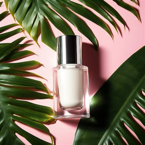 Premium Photo Bottle Of Nail Polish On Pink Background With Tropical