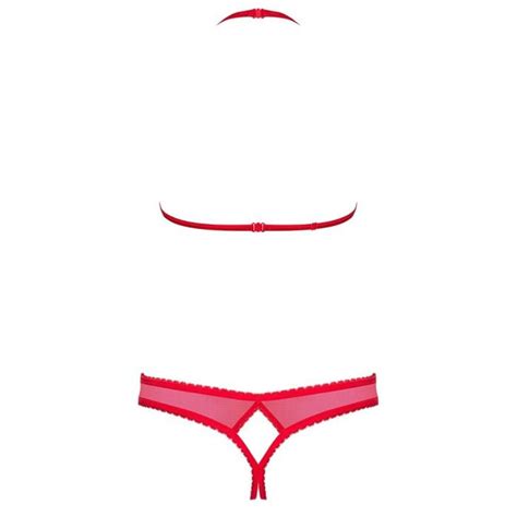Obsessive Red Peep Hole Bra And Crotchless Thong Set Underwear Etsy