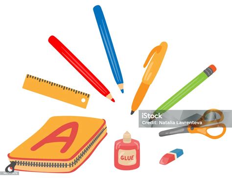 학교 용품 세트 연필 케이스 눈금자 색연필 펜 간단한 연필 가위 지우개 접착제 손으로 그린 벡터 일러스트레이션 웹 사이트 엽서
