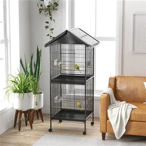 Mangeoire pour cage à oiseaux PawHut en métal forgé noir po avec support roulant perchoirs
