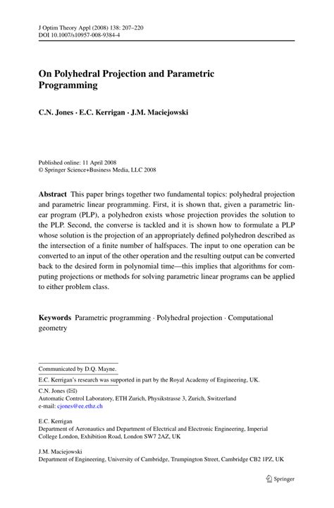 Pdf On Polyhedral Projection And Parametric Programming