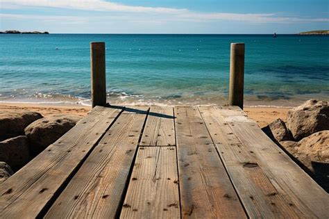 A Beach With A Wooden Jetty Stretching Out Into The Water Premium Ai