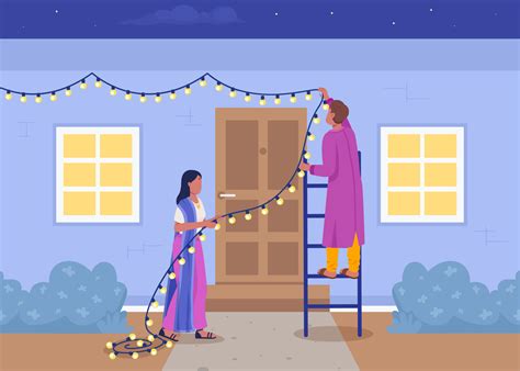 Couple Decorating House For Diwali Flat Color Vector Illustration Preparation For Holiday