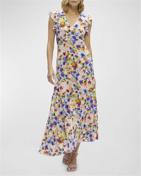 Shoshanna Embroidered Flutter Sleeve Mesh Maxi Dress Neiman Marcus