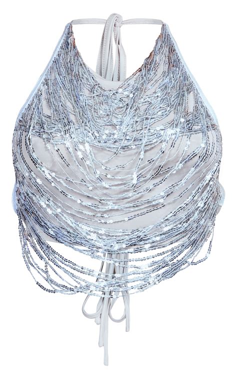 Plus Silver Tassel Sequin Halterneck Top Prettylittlething