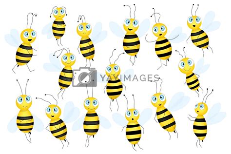 Big Set Of Cartoon Cute Bee Mascot A Small Bees Flies Wasp Collection