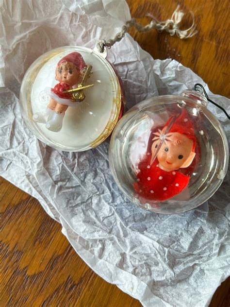 Vintage 1950s Jewel Brite Ball Ornaments Pixie Elf Diorama Hard Plastic