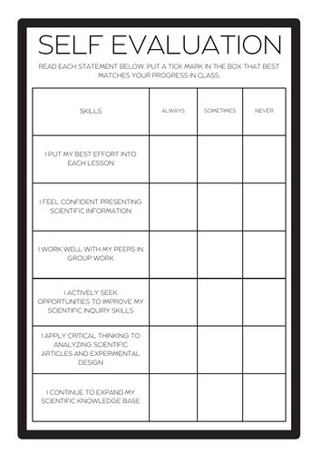 Student Self Evaluation Template Teaching Resources