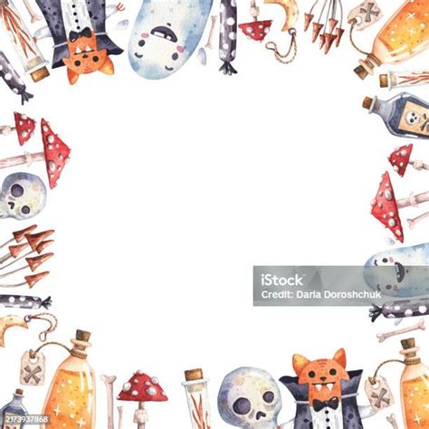 귀여운 할로윈 할로윈 파티에 대 한 수채화 사각형 프레임 손으로 그린 유령 으스스한 고양이 박쥐 빨간 버섯 Botion 병 10월에 대한 스톡 벡터 아트 및 기타 이미지