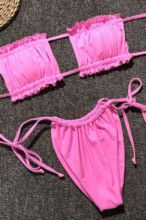 Solid Tie Side Shirred Slide Bandeau Bikini Two Piece Swimsuit Pinkami