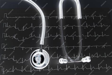 심전도ecg 그래프의 청진기상단 보기 프리미엄 사진