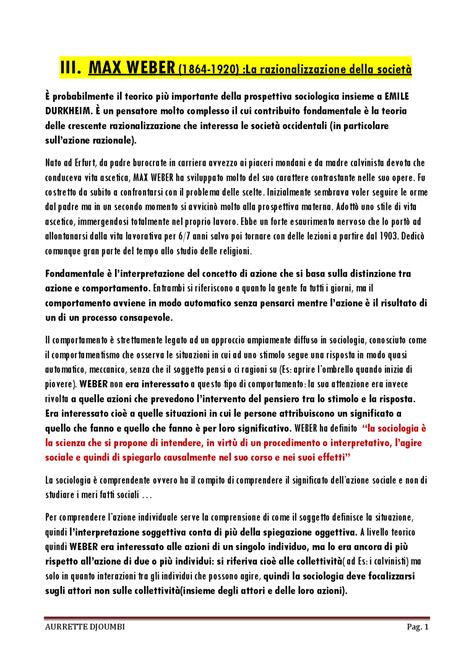 Max Weber La Razionalizzazione Della Società Sintesi Del Corso Di