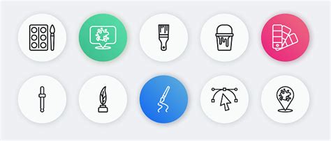 선 페인트 브러시 색상 팔레트 가이드 스포이드 색상 선택기 베 지어 곡선 양동이 스프레이 및 깃털 및 잉크 병 아이콘을 설정합니다 벡터 곡선에 대한 스톡 벡터 아트 및 기타