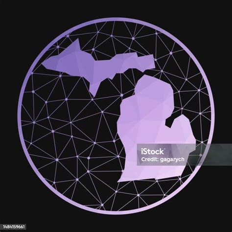 ミシガン州のアイコン米国の州のベクターポリゴンマップ幾何学的なスタイルのミシガンアイコン暗い背景に紫色の低ポリグラデーションを持つ米国の州の