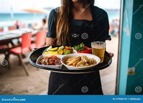 Waitress Carrying A Tray With Tasty Looking Food In Outdoor Restauran Generative Ai Stock