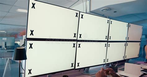 Computer Screen Space And Surveillance With Man In Office To Monitor Live Feed For Update