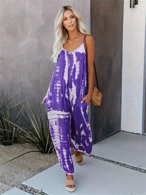 Plus Size Boho Jumpsuit Womens Plus Tie Dye V Neck Medium Temu