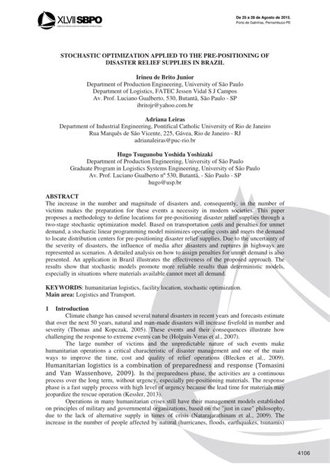 Pdf Stochastic Optimization Applied To The Pre Positioning Of Disaster Relief Supplies In Brazil