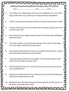 DIGITAL Adding And Subtracting Mixed Number Fractions Word Problems Worksheet