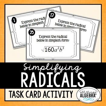 Simplifying Radicals Task Cards Square Roots And Cube Roots TpT
