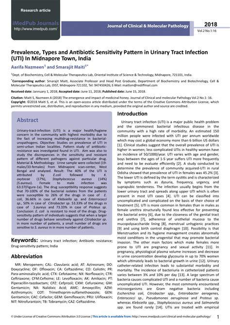 Pdf Prevalence Types And Antibiotic Sensitivity Pattern In Urinary Tract Infection Uti In