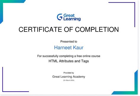 Completed Html Attributes And Tags Course With Great Learning Harneet