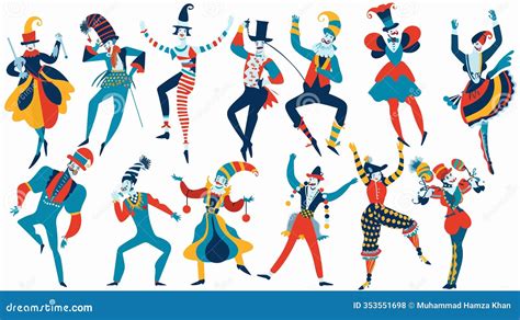 Colorful Circus Artists Performing With Funny Clown Acrobat Comic