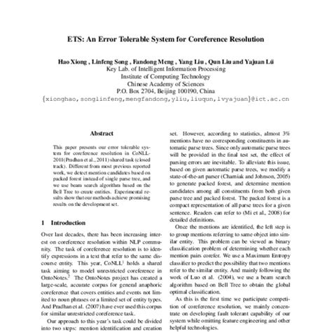 Ets An Error Tolerable System For Coreference Resolution Acl Anthology