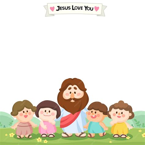 사랑스러운 만화 예수와 네 명의 행복한 아이들 예수와 함께 당신을 사랑합니다 텍스트에 대한 태그와 빈 공간 1x1 프리미엄 벡터