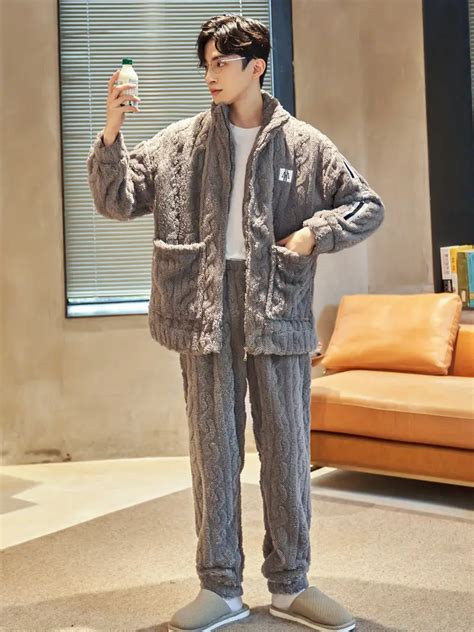 남성용 코랄 플리스 파자마 겨울 두꺼운 벨벳 보온 스탠드 칼라 지퍼 스타일 가을과 겨울 하늘 플란넬 루웨어 Temu