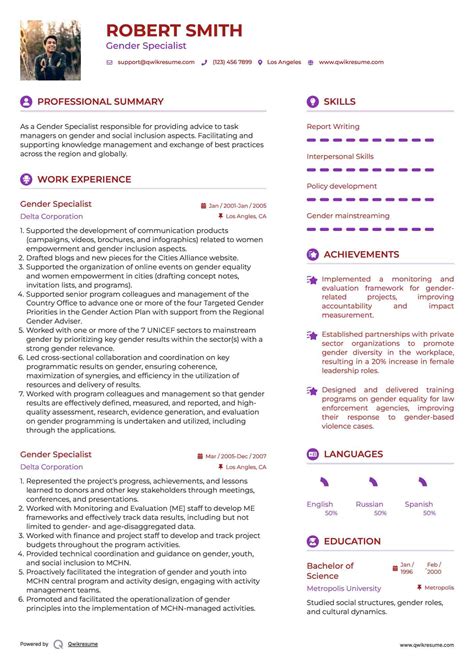 Gender Specialist Resume Samples Templates For