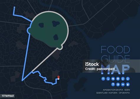 음식 및 디저트 가이드 방향지도 여행 아이콘 개념 아이스크림 특종 콘 모양 포스터 와 소셜 배너 게시물 디자인 에 고립 된 야간 모드 일러스트 벡터 Eps 10 관광객에