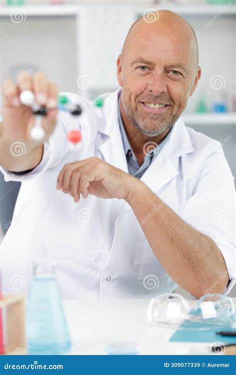 Man Showing Part Molecular Model Focus On Foreground Stock Image