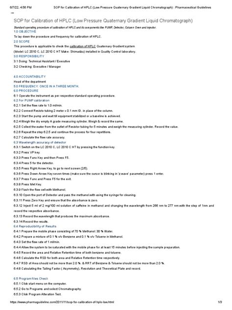 Sop For Calibration Of Hplc Low Pressure Quaternary Gradient Liquid Chromatograph