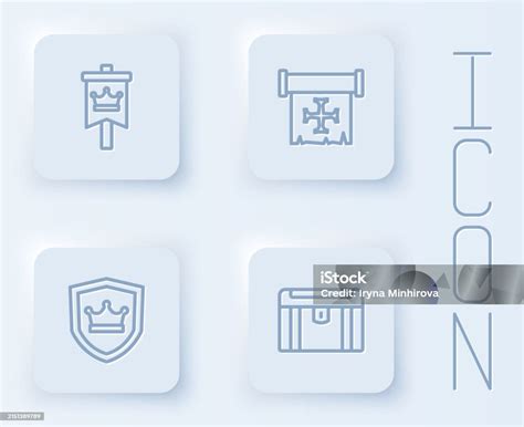 중세 깃발 십자군 왕관이 있는 방패 골동품 보물 상자를 설정합니다 흰색 사각형 버튼입니다 벡터 검에 대한 스톡 벡터 아트 및 기타 이미지 Istock