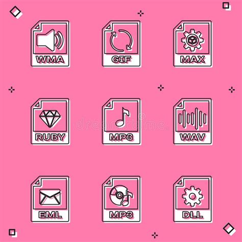 Set WMA File Document MAX RUBY MP3 And WAV Icon Vector Stock