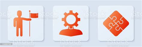 내부 기어와 인간을 설정 남자는 깃발과 퍼즐의 조각을 들고 흰색 사각형 버튼입니다 벡터 0명에 대한 스톡 벡터 아트 및 기타 이미지 Istock