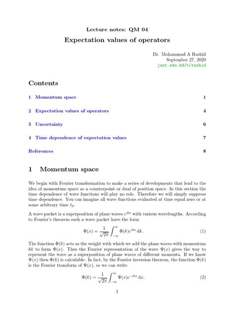 expectation values of operators lecture notes qm 04 pdf fourier