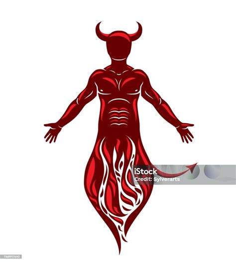 근육질의 인간을 일러스트로 그래픽으로 일러스트레이션한 것은 불에서 파생된 것입니다 신비한 지옥의 악마 뿔루시퍼 악마의 힘 개념에 대한 스톡 벡터 아트 및 기타 이미지