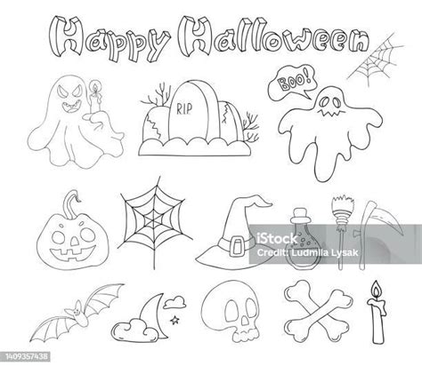 즐거운 할로윈 보내세요 선형 손으로 그린 낙서 잭 호박 유령 웹 두개골과 십자뼈 무덤 박쥐 마녀 모자 낫 빗자루와 물약 장식 디자인을위한 벡터 분리 된 윤곽선 요소 10월에