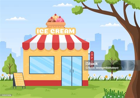 아이스크림 가게 템플릿 손으로 그린 만화 플랫 일러스트 레이 션 맛있는 디저트와 다양한 맛 디자인 0명에 대한 스톡 벡터 아트 및 기타 이미지 Istock