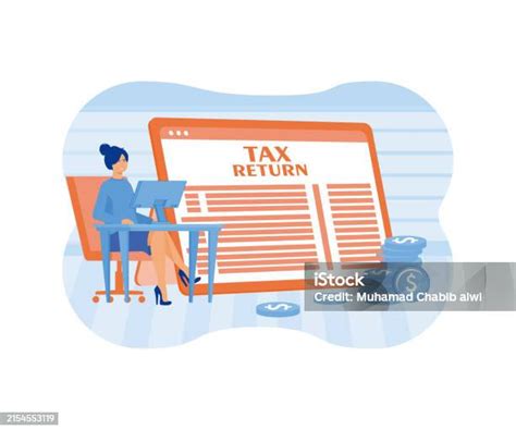 반품 개념 직장 책상에 앉아 있는 사업가 컴퓨터 거대한 세금 환급 서류 근처 돈 소득 재무 제표 플랫 벡터 현대 일러스트 레이