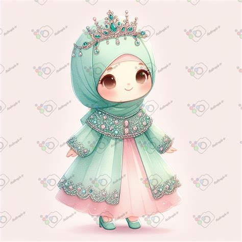 بک گراند کودکانه دختر کوچولوی ناز با حجاب با لباس سبز و تاج جواهرنشان کد 43722 ویژه عکس گراف