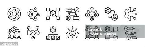 워크플로 가는 선 아이콘 집합입니다 계층 구조 메커니즘 관리자 협업 조직 활동 운영 절차 계획 프로세스 시스템 화살표 생산성 진행률 전략을 포함합니다 벡터 일러스트 레이 션