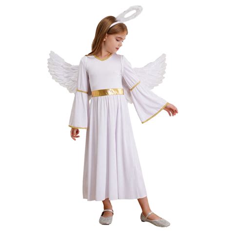 6 16 3pcs Girls Angel Costume Angel Dress Long Sleeve Gold Trim