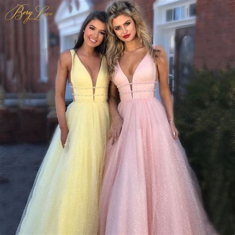 Berylove Shiny Prom Dress 2019 Pink A Line Deep V Neck Sleeveless